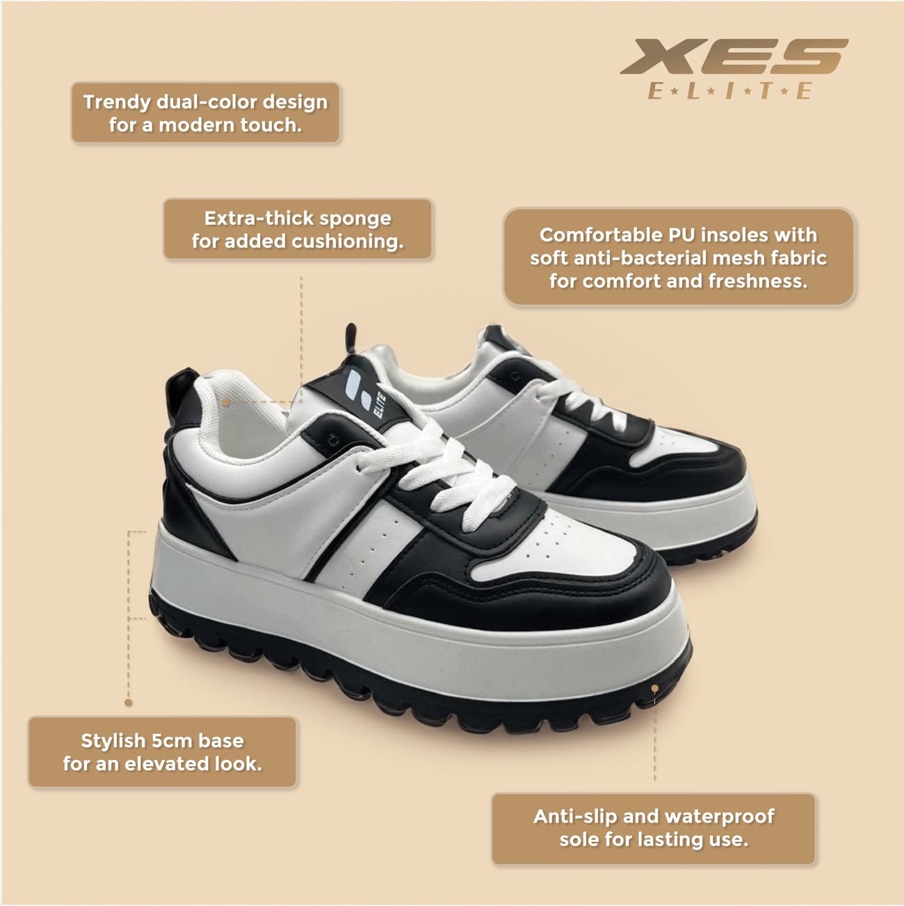 XES Elite Ladies ELCVS403 Casual Sneakers ( Beige / Black ) | Shopee ...