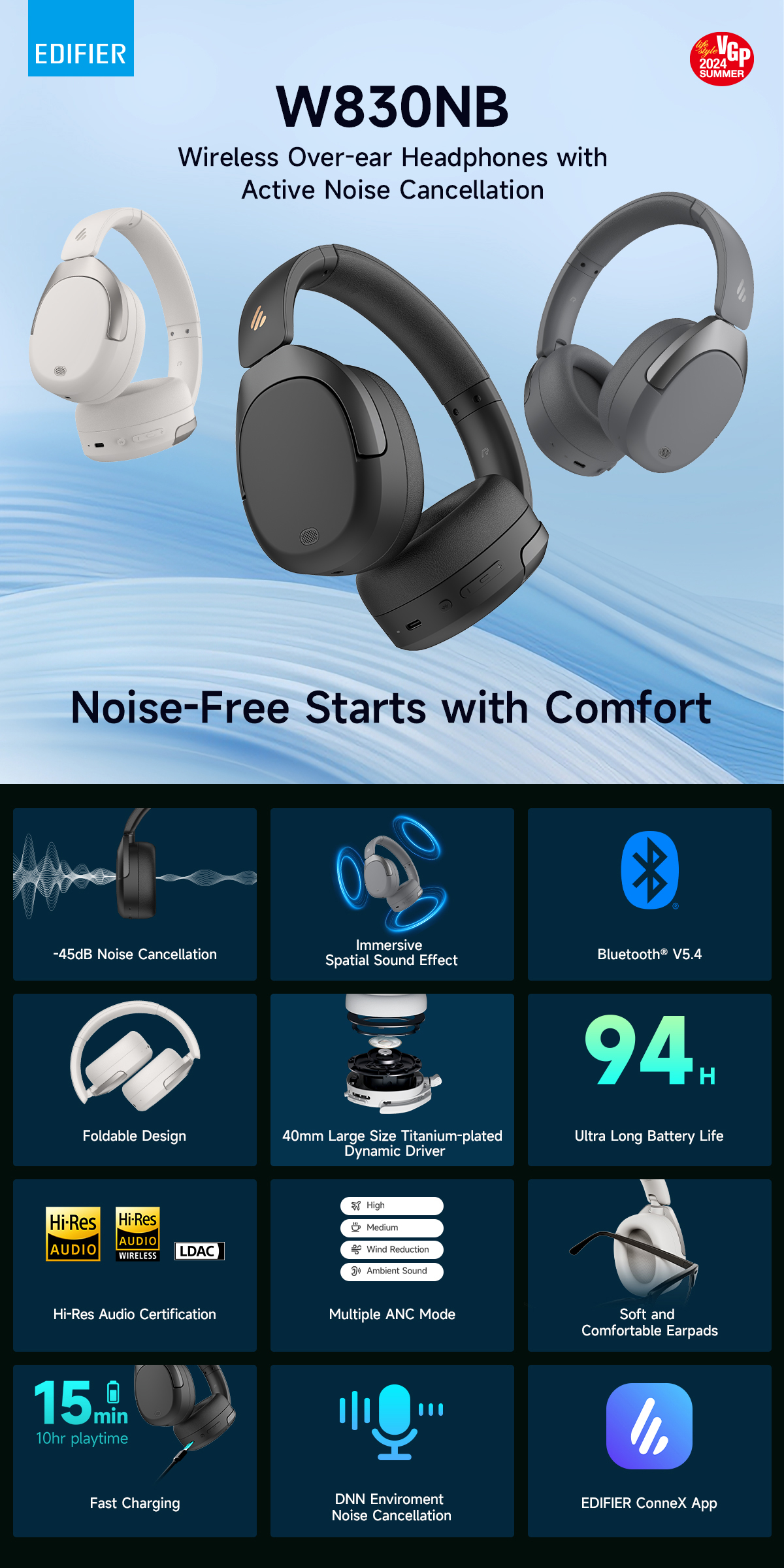 Edifier W830NB - 360° Spatial Audio Wireless ANC Headphones | Hi-Res ...