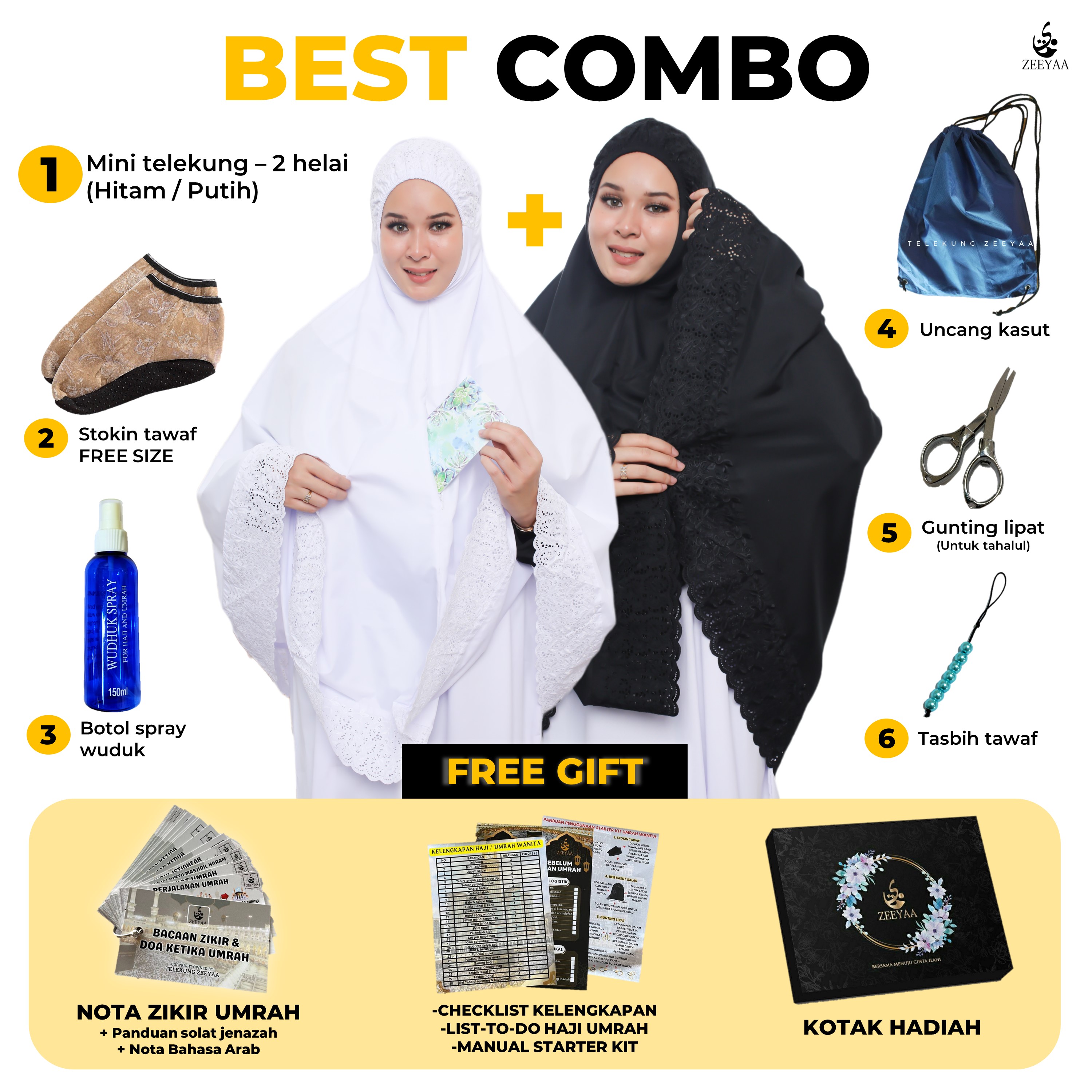 PLUS SIZE - Starter Kit Mini Telekung Umrah Berpoket Set Umrah Wanita Mini Telekung Cotton ...