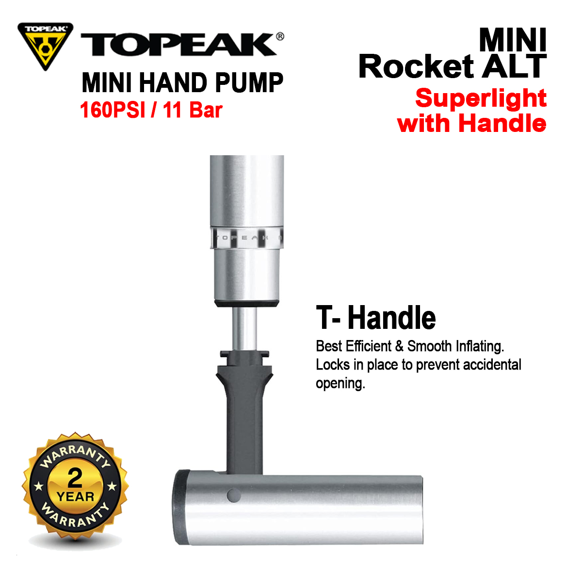 TOPEAK Mini Rocket ALT Hand Pump High Pressure 160 Psi Road T Handle ...