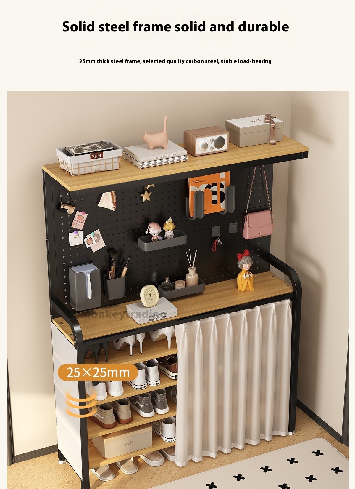 Shoe rack Solid wood pegboard multi-layer entrance storage hanger rack ...