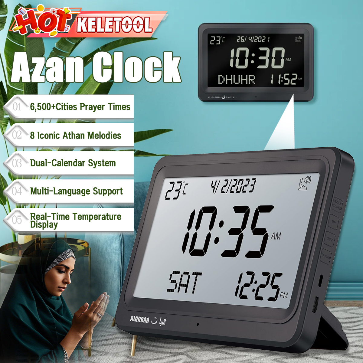 Azan Prayer Alarm Clock with Larger LCD Screen 8 Athan Sounds & Multi ...