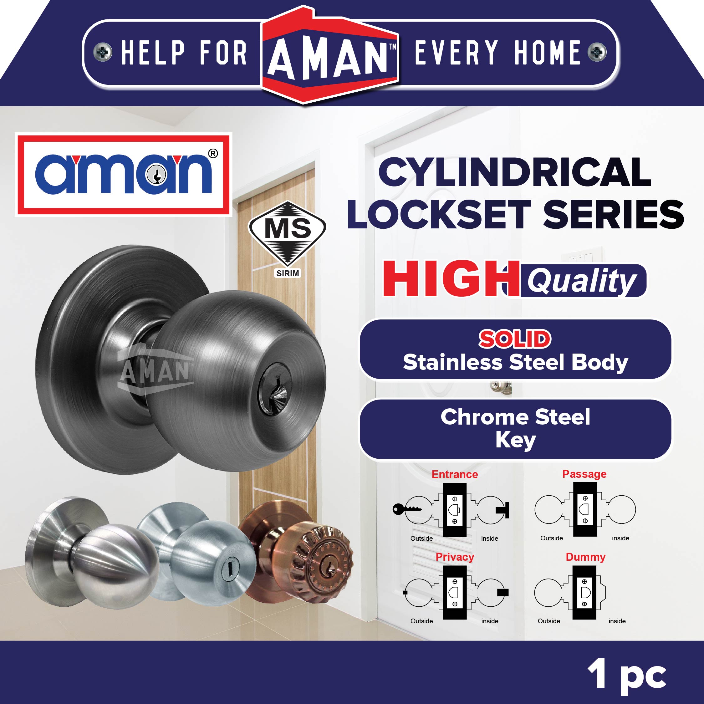 AMAN Big Rose Cylindrical Door Knob Lock Set Entrance Storeroom Privacy ...