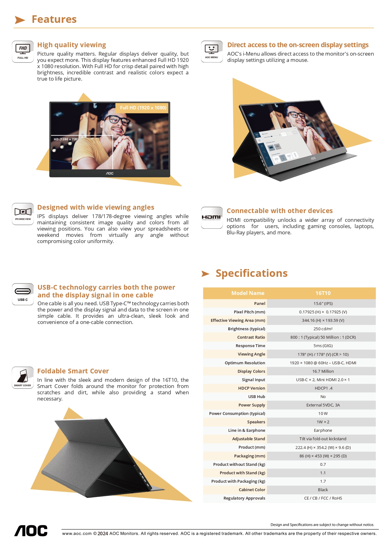 AOC 16T10 15.6" PORTABLE MONITOR (IPS/ FHD/5MS / 60HZ /BUILT IN SPEAKER/USB Type C/Mini HDMI ...