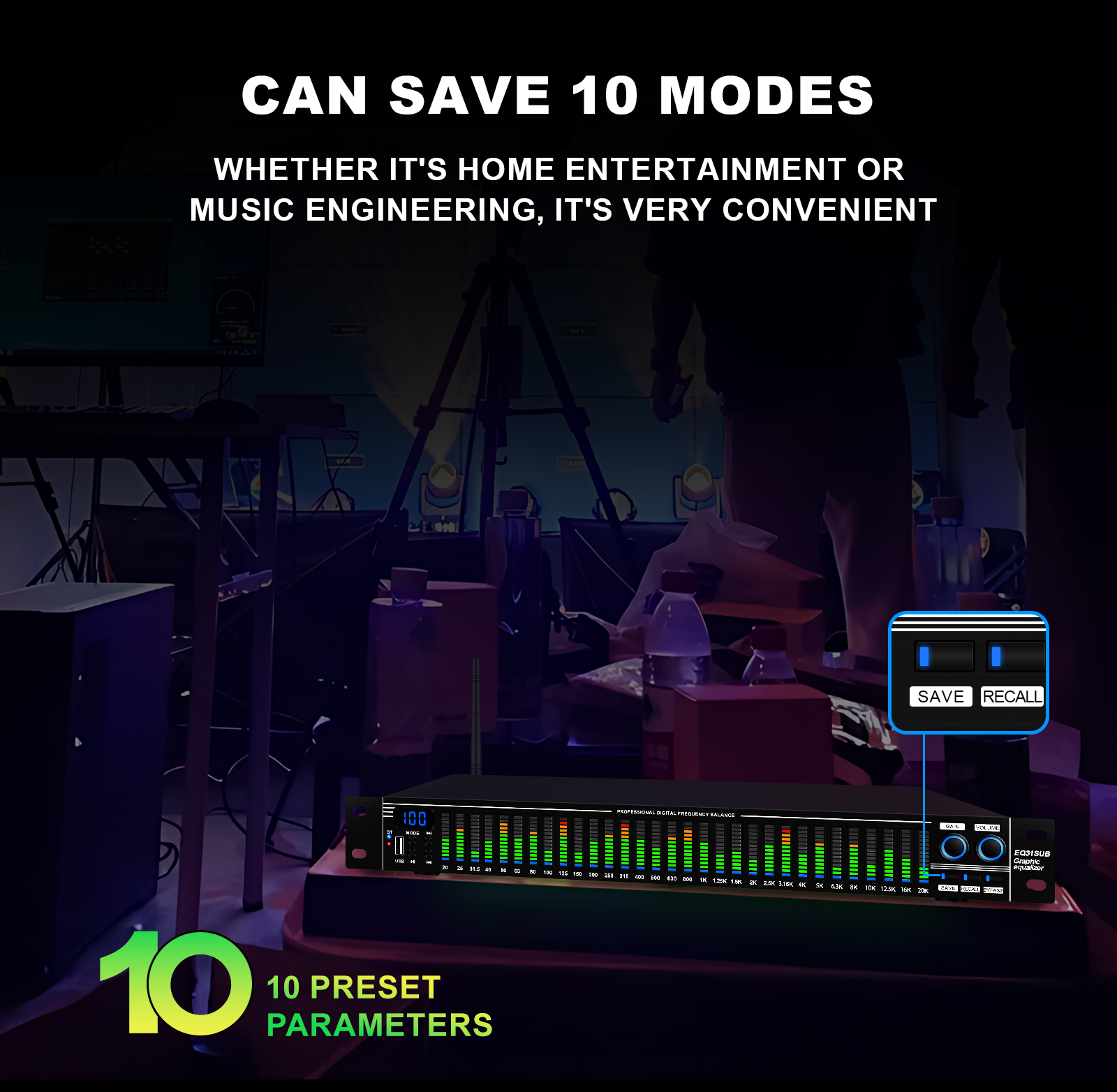 Dual Channel Graphic Equalizer Led Digital Audio Sound Processor Sound ...