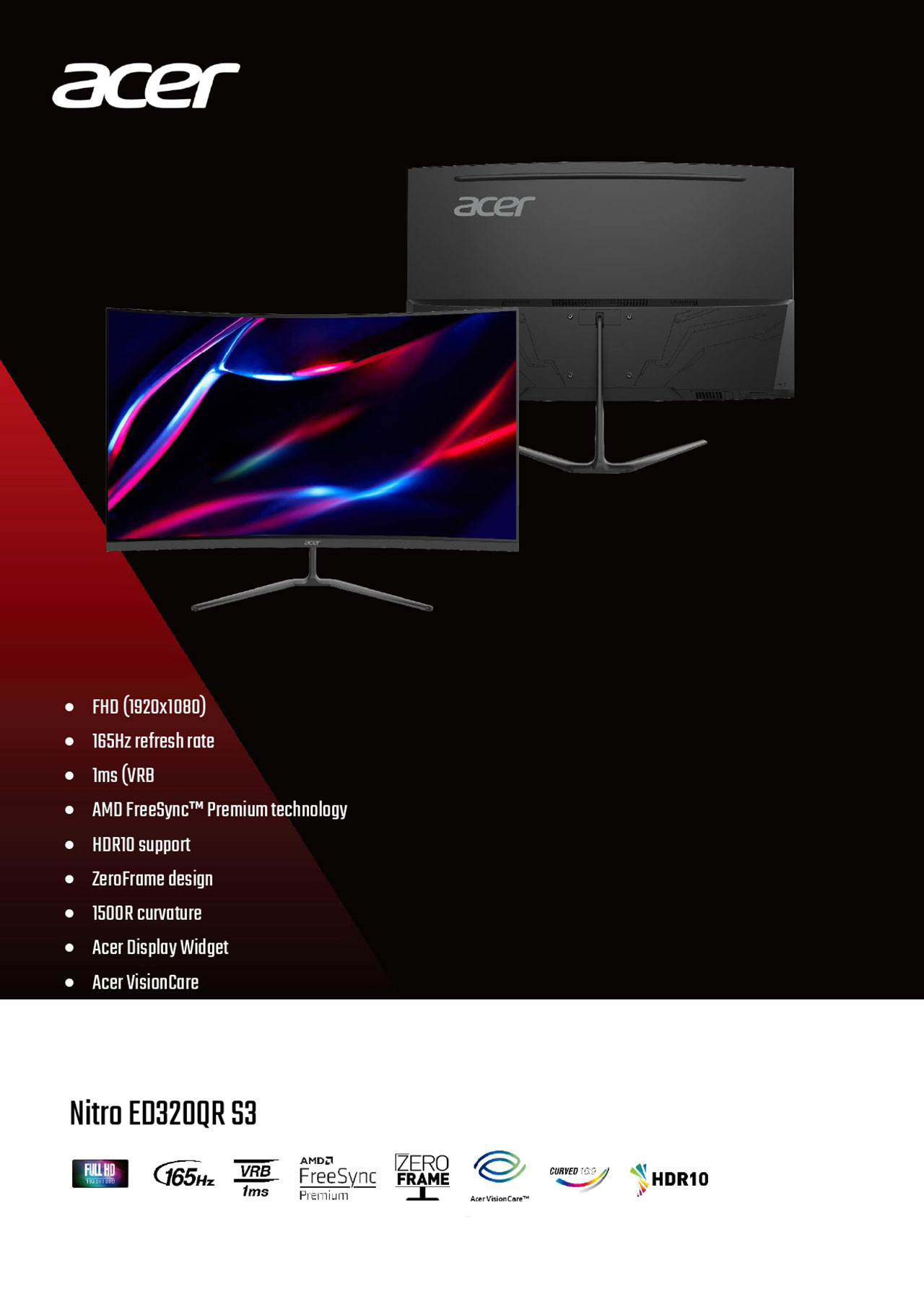 ACER 32" NITRO ED320QR S3 / ED320QRS3 LCD FULL HD (1920x1080P@165HZ) VA ...