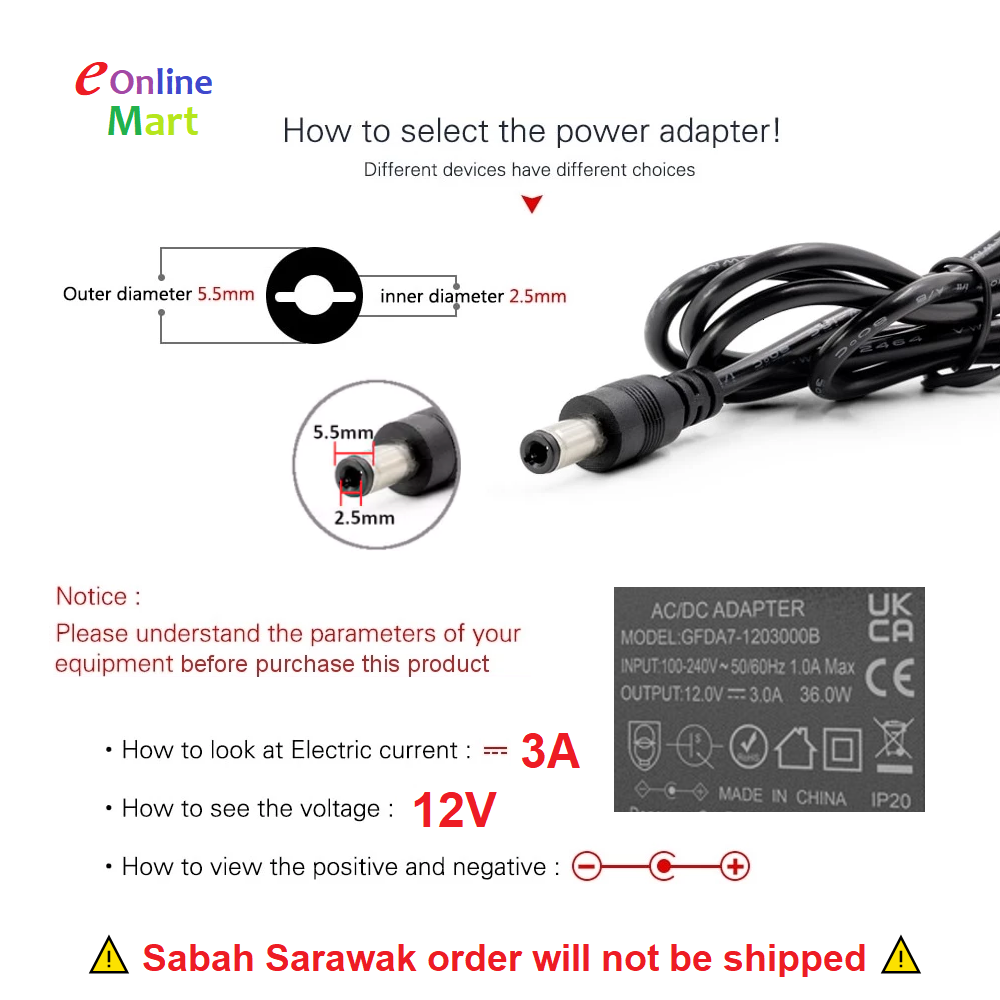 3-pin UK 12V 2A / 12V 3A (2.1-2.5mm) Power Supply Adapter AC DC Power ...