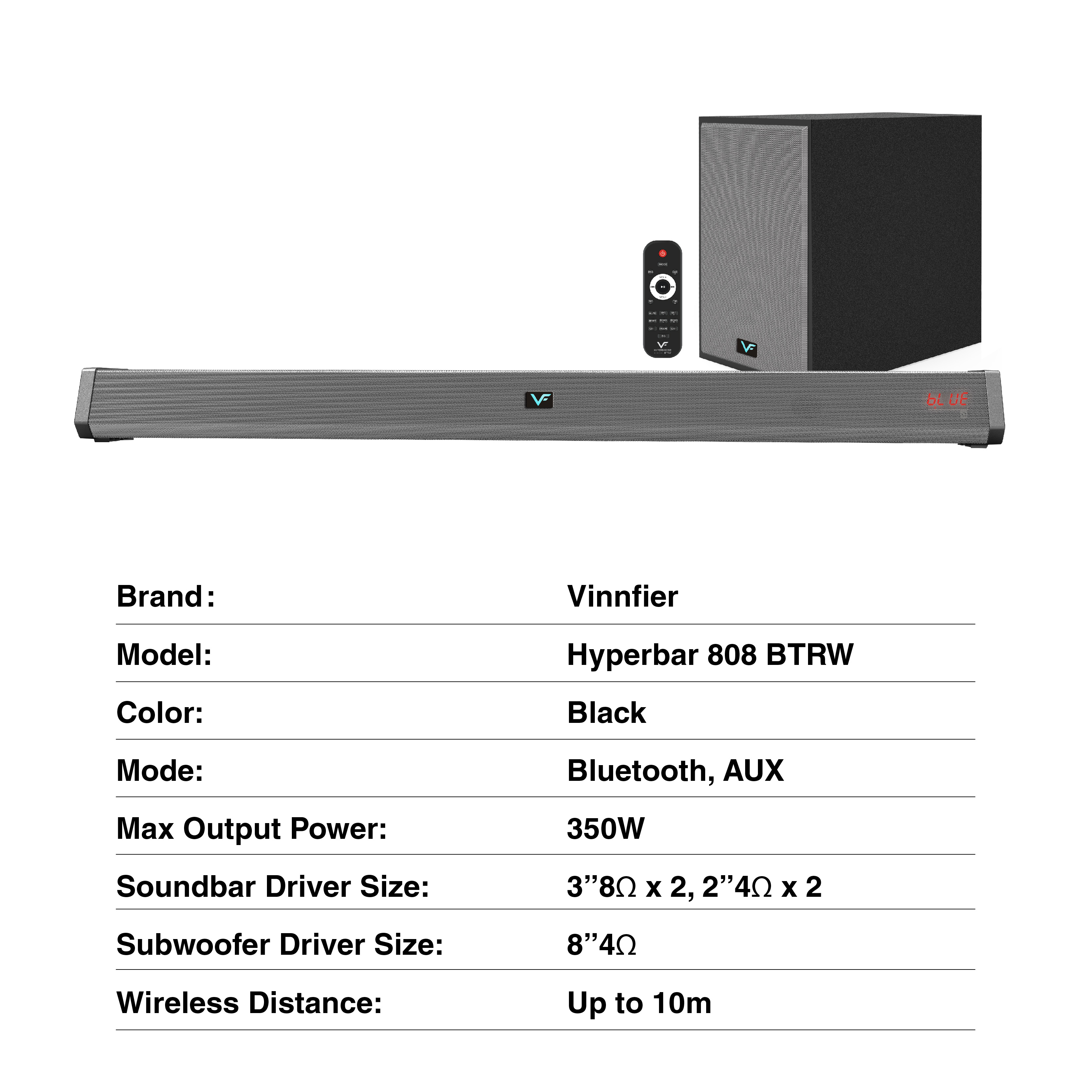 Vinnfier VF Hyperbar 808 BTRW 350W Karaoke Bluetooth TV Soundbar 8 ...