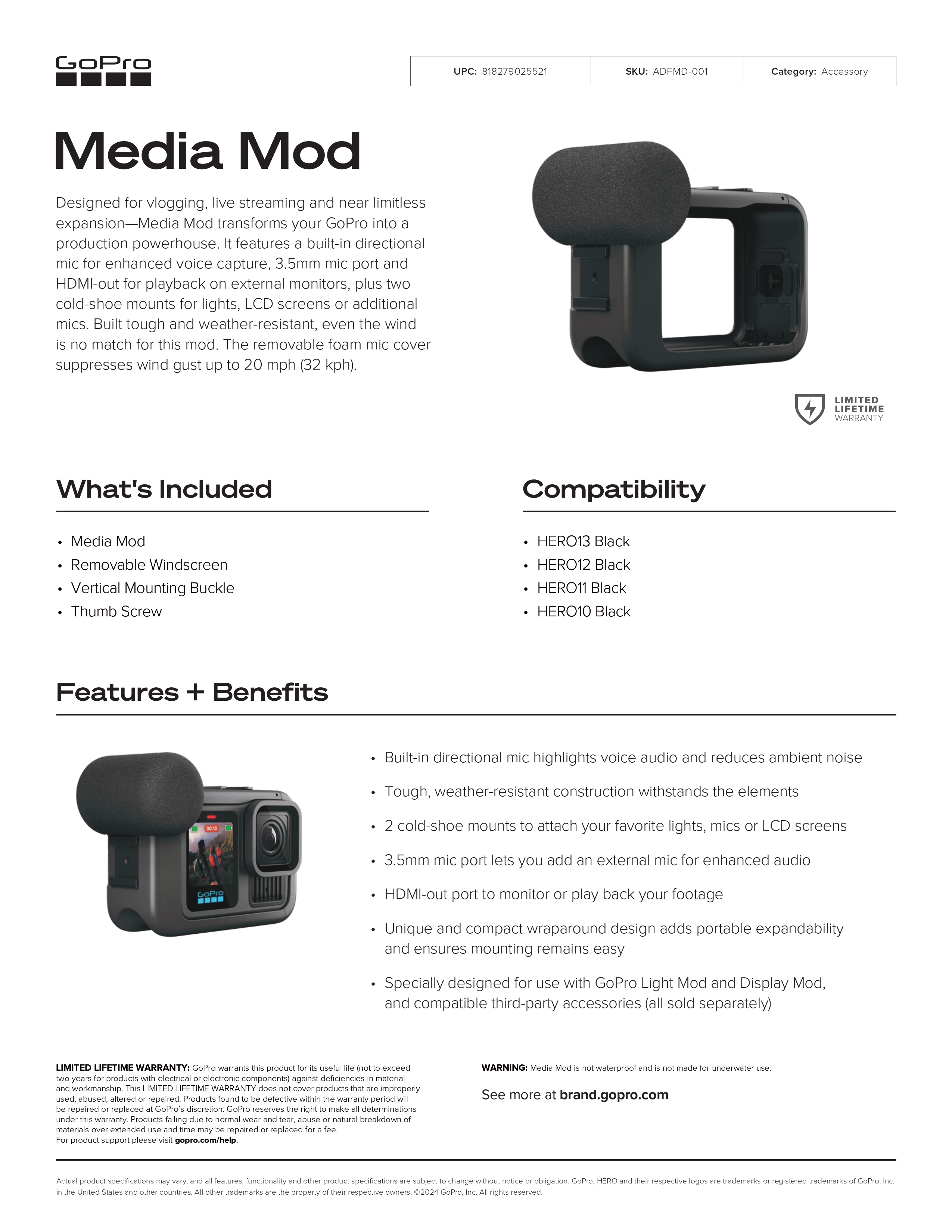 GoPro Action Camera Media Mod Directional Mic + Media Ports Frame mount ...