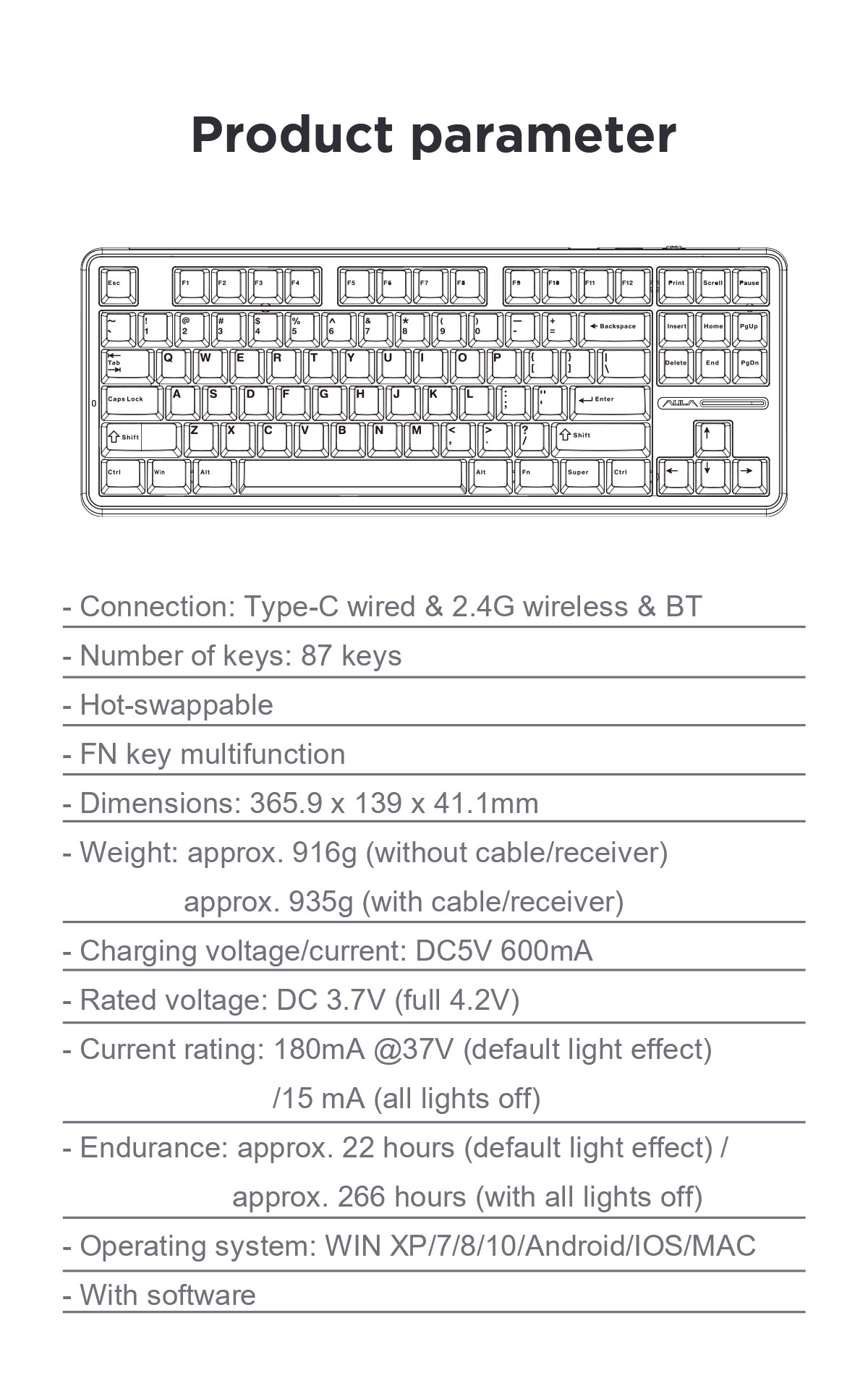AULA F87 Wireless Mechanical Keyboard RGB 87Keys with Customized ...