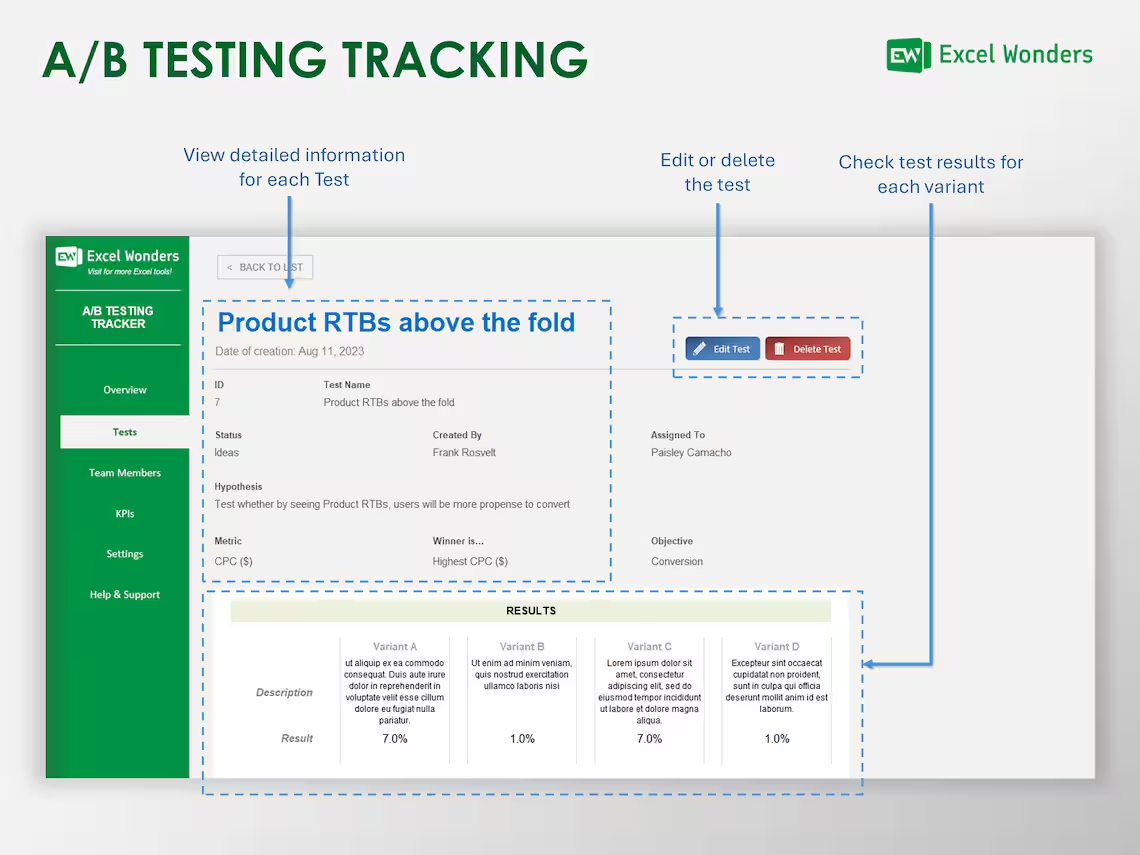 A/B Testing Tracker Excel Template | A/B Testing Marketing, UX UI ...