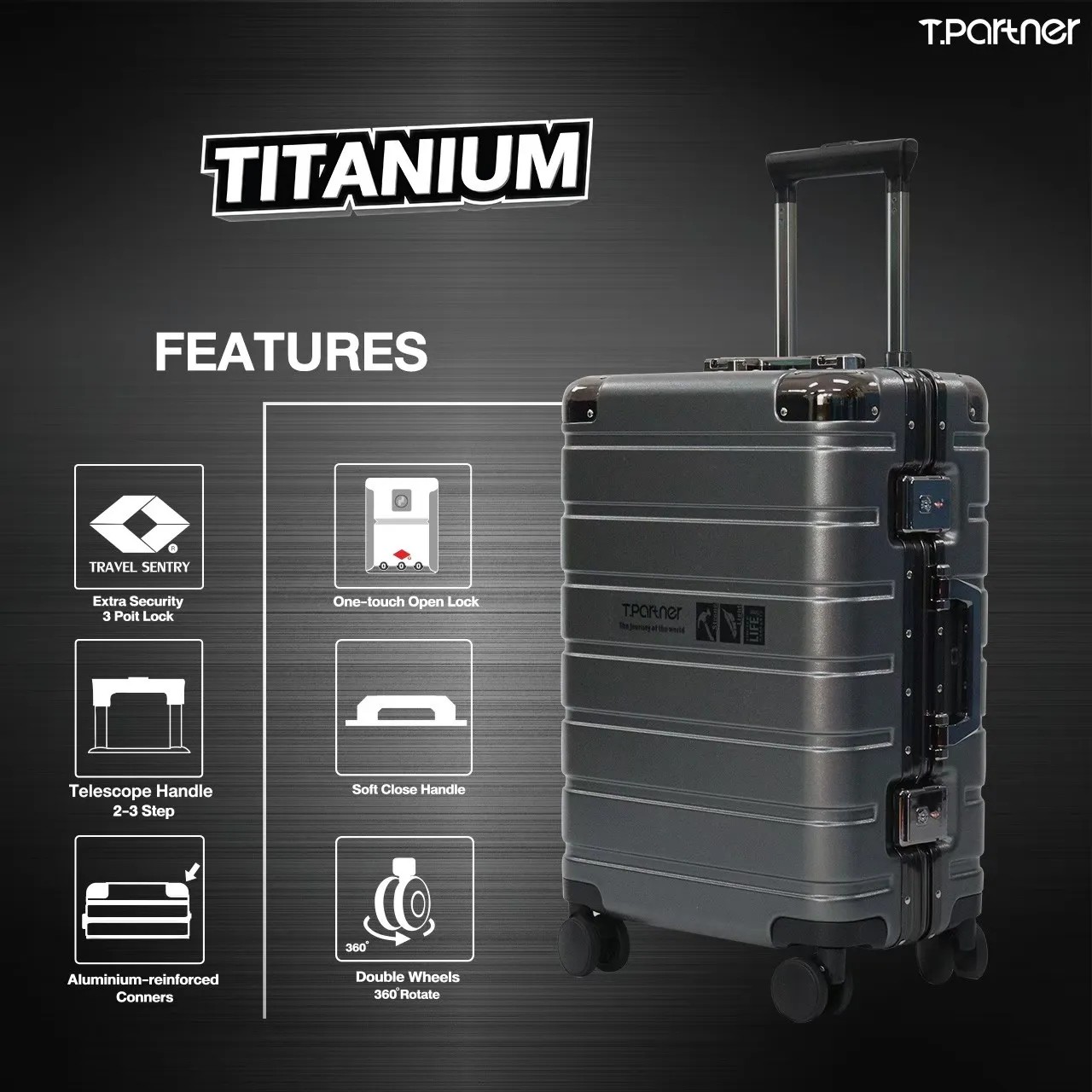 Tpartner [Kuat & Tahan Lama] Beg Bagasi Titanium Series Aluminium Structure Travel Luggage Bag ...