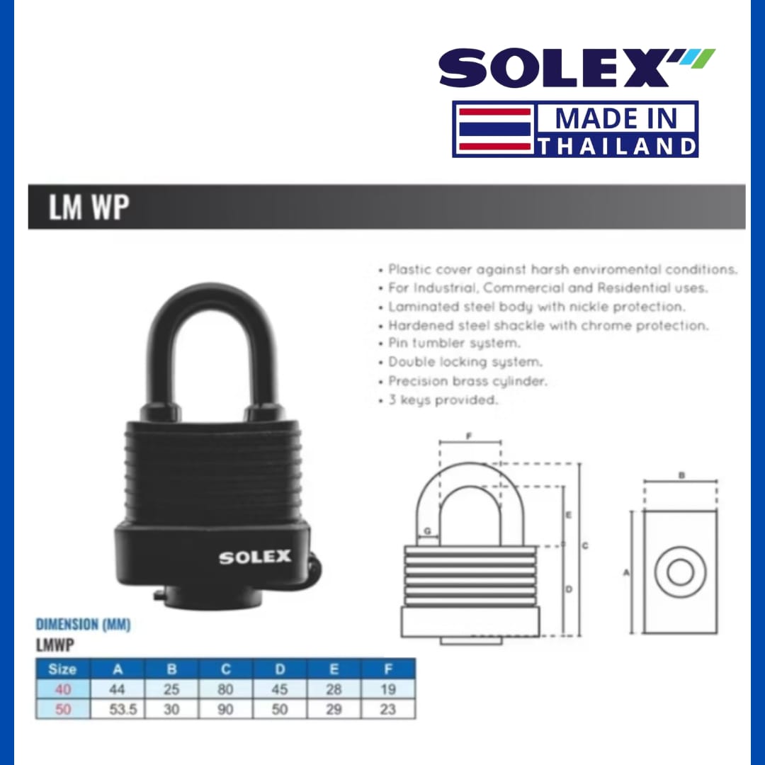 (100% Original) Solex Pad Lock LM40WP LM50WP Anti-Cut Padlock - Made in ...