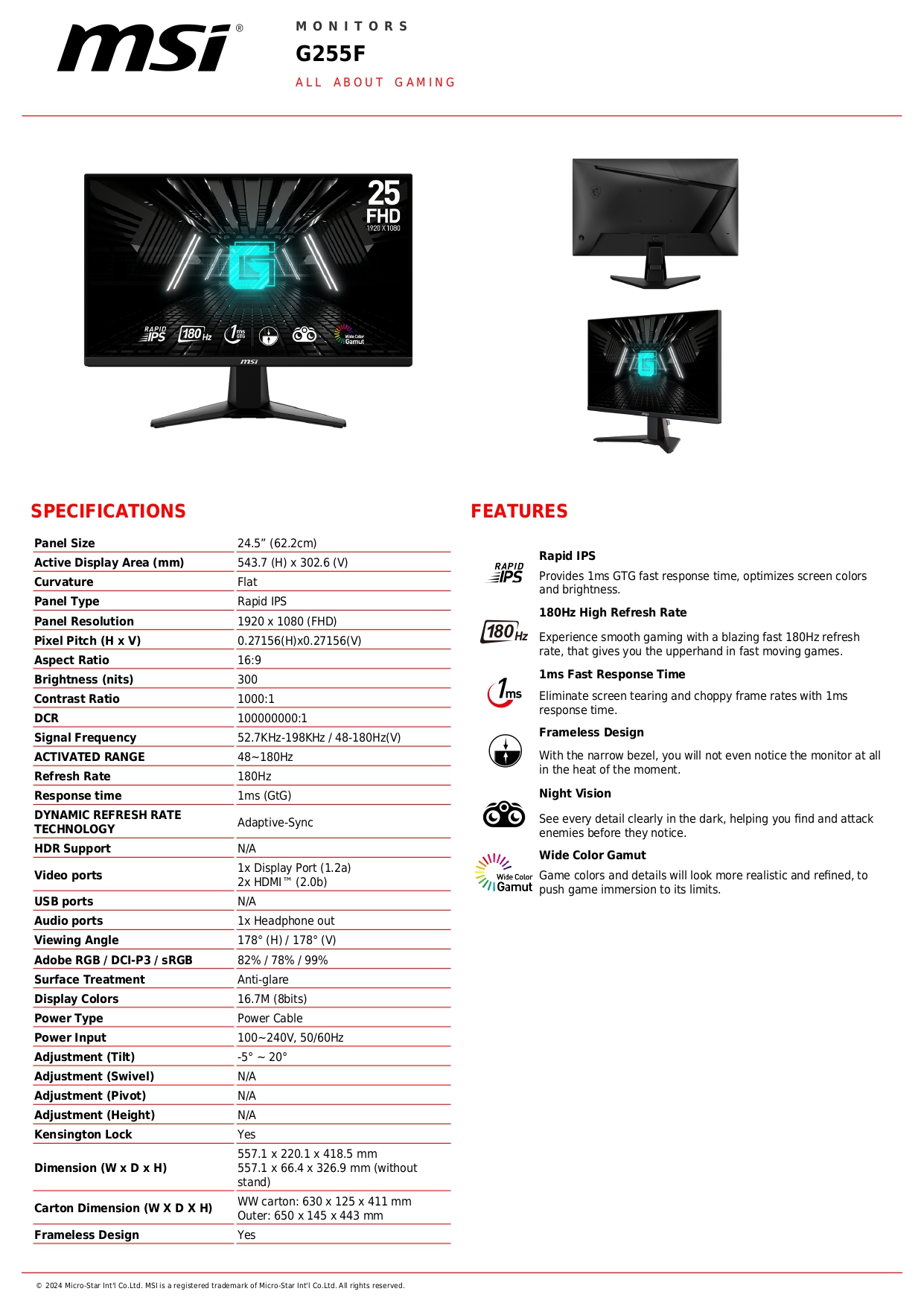 MSI MAG 255F E20 / MAG255F E20 / G255F GAMING MONITOR ( 24.5" FHD / RAPID IPS / 0.5 MS GTG ...