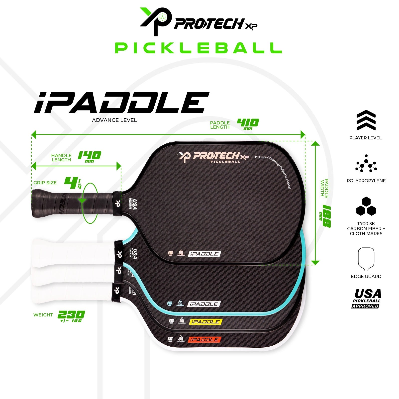 Protech XP Pickleball Paddle - iPADDLE SERIES USA PICKLEBALL APPROVED (Advance Level)(T700 3K ...