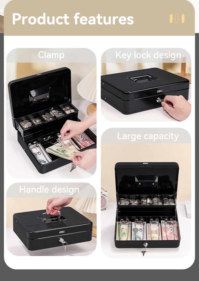 Deli Portable Cash & Jewelry Box – Security Key Lock Money Storage Box ...