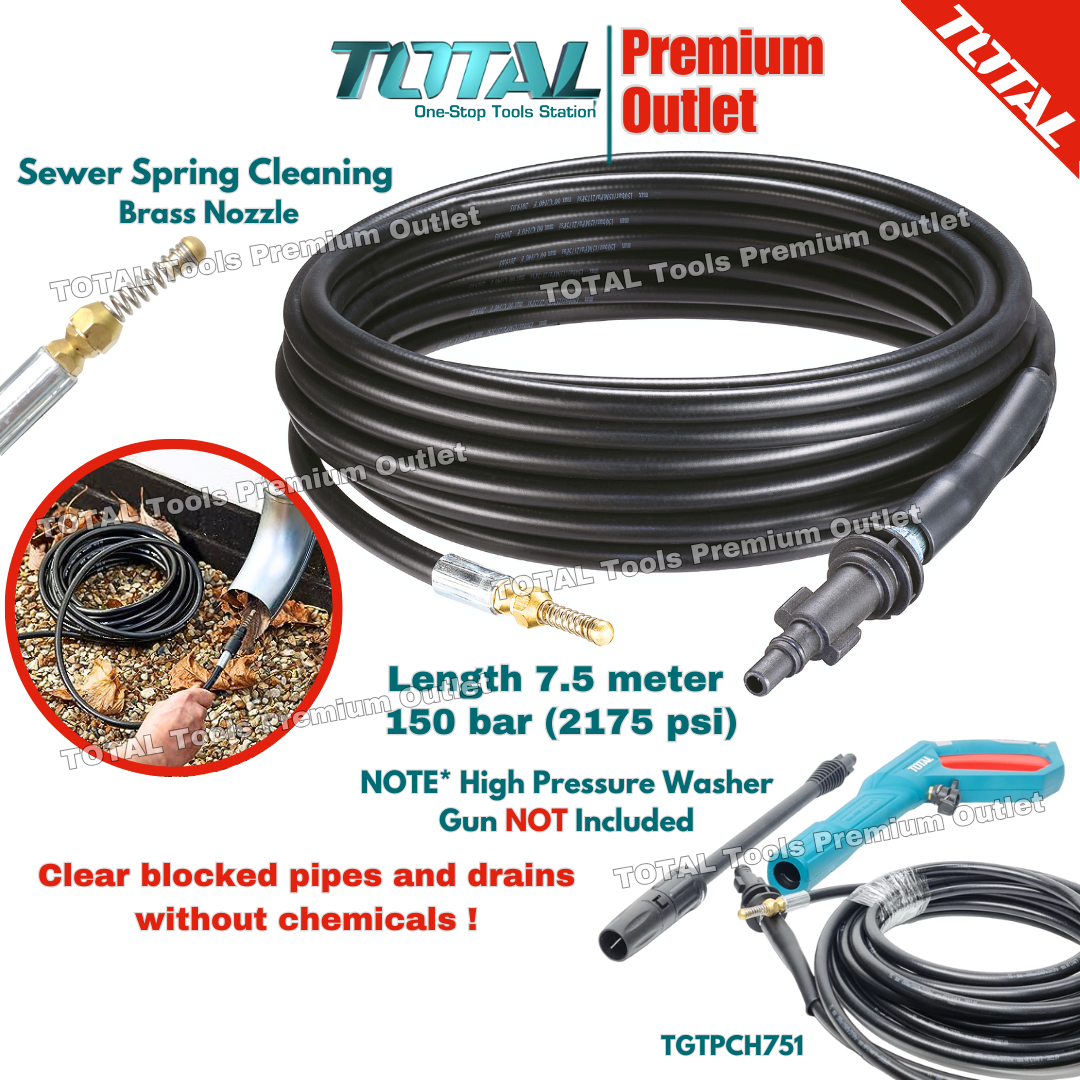 TOTAL Tools 7.5M Drain Sewer Pipe Cleaning Hose Nozzle for TOTAL Tools ...