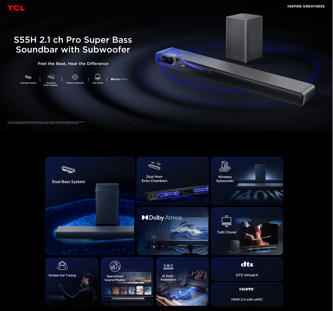 TCL S55H 2.1ch Dolby Atmos Super Bass Soundbar, Dual Bass System ...