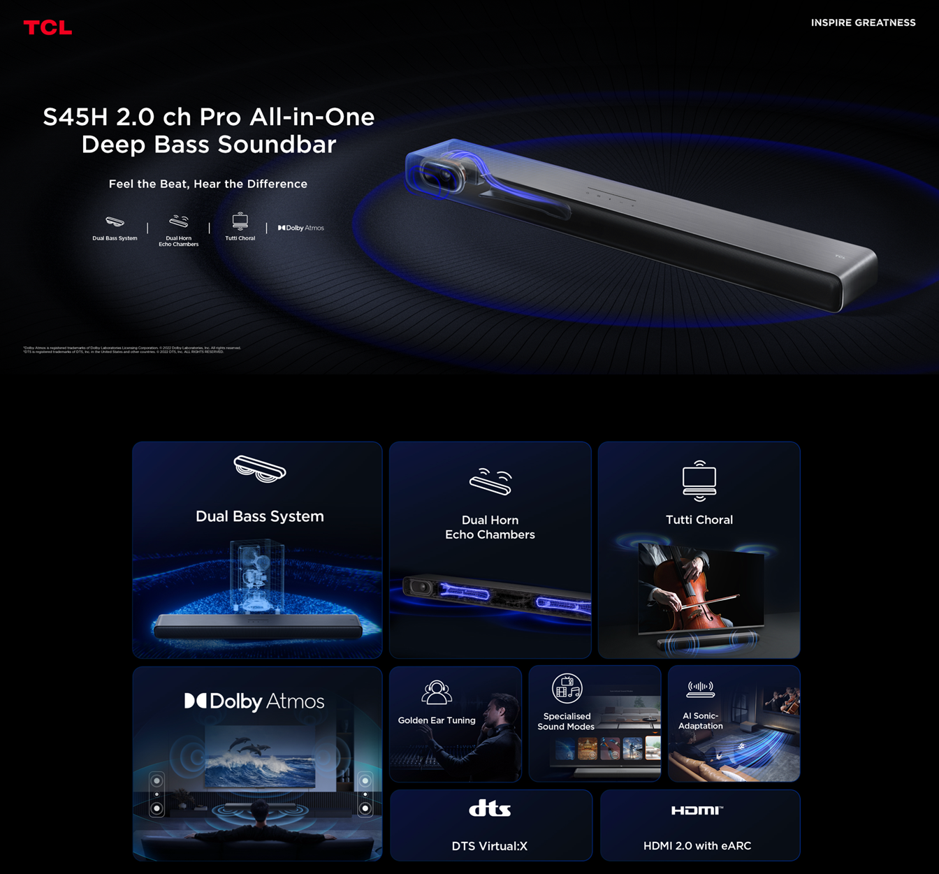 TCL S45H 2.0ch Dolby Atmos All-in-One Deep Bass Soundbar, Dual Bass ...