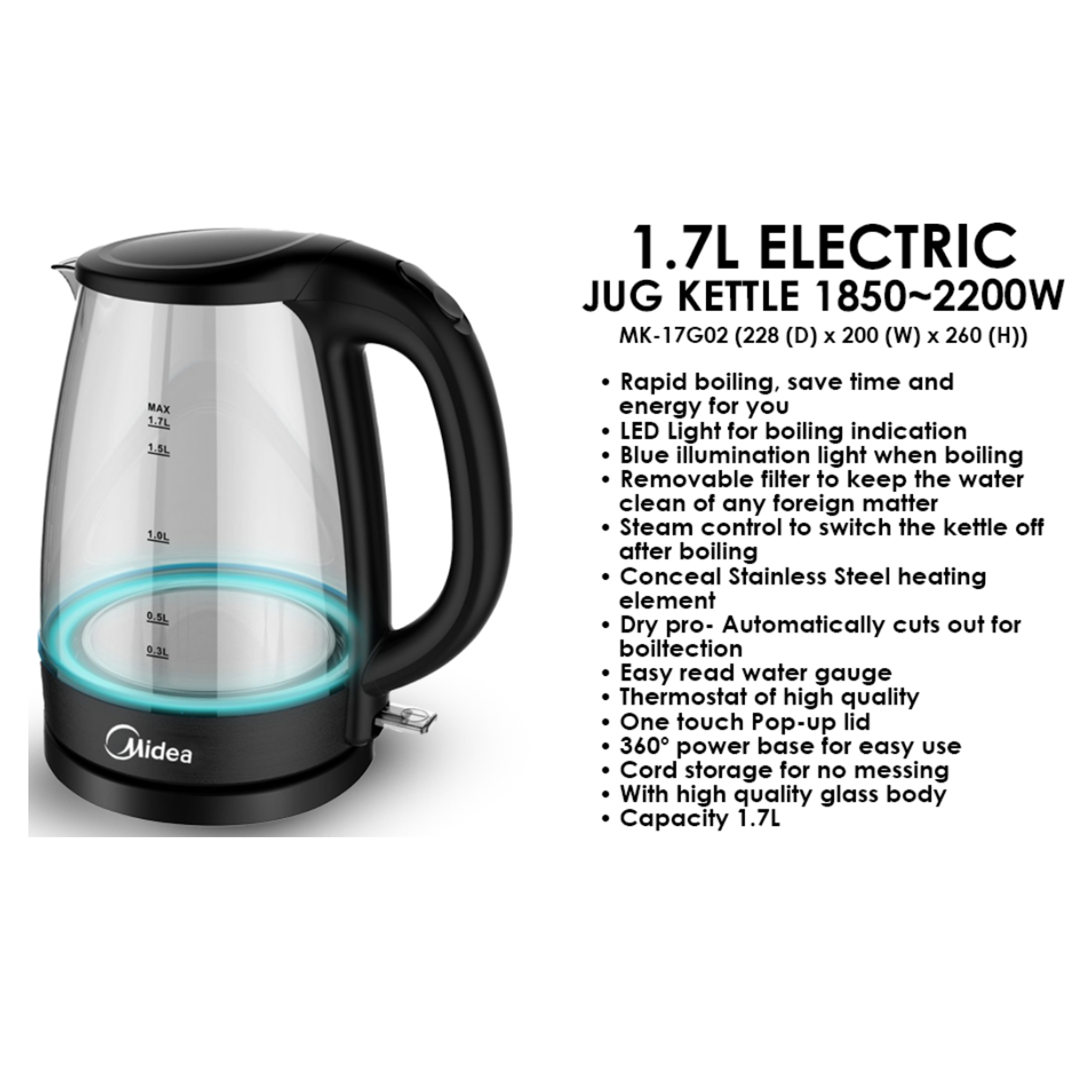 Midea Electric Kettle (1.7L / 1.5L) MK-17G02 | MK-17S33D | MK-15HJ ...