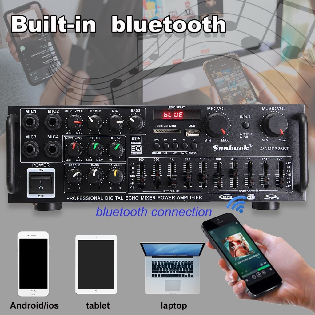 Sunbuck power amplifier Audio mixer 5000W Treble Bass Booster 326BT ...