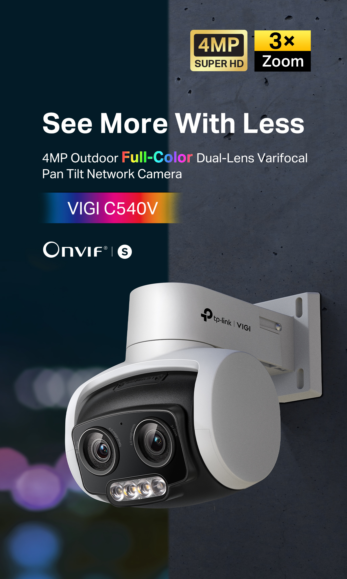 TP-Link VIGI C540V 4MP Outdoor Full-Color CCTV Dual-Lens 3x Zoom Pan ...