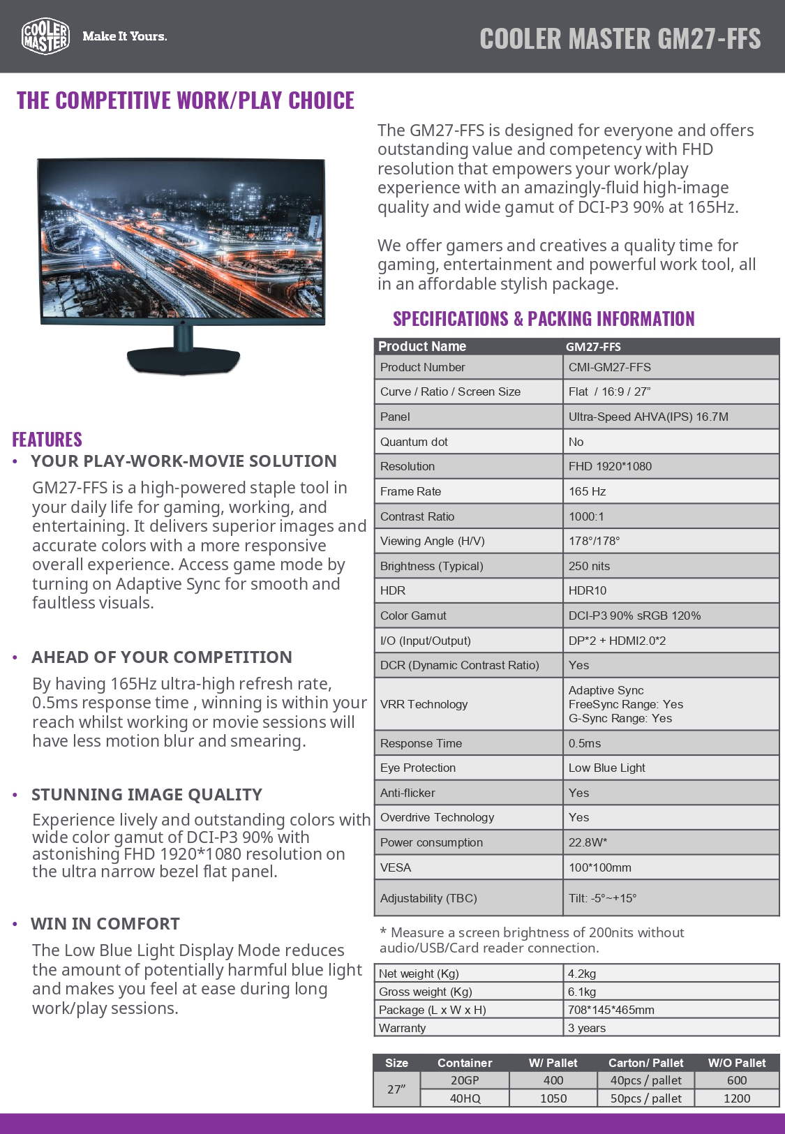 COOLER MASTER GM27-FFS ( FHD@165HZ)/ GM27-CQS(2K@170HZ) 27" GAMING MONITOR ( 27 " IPS FHD ...