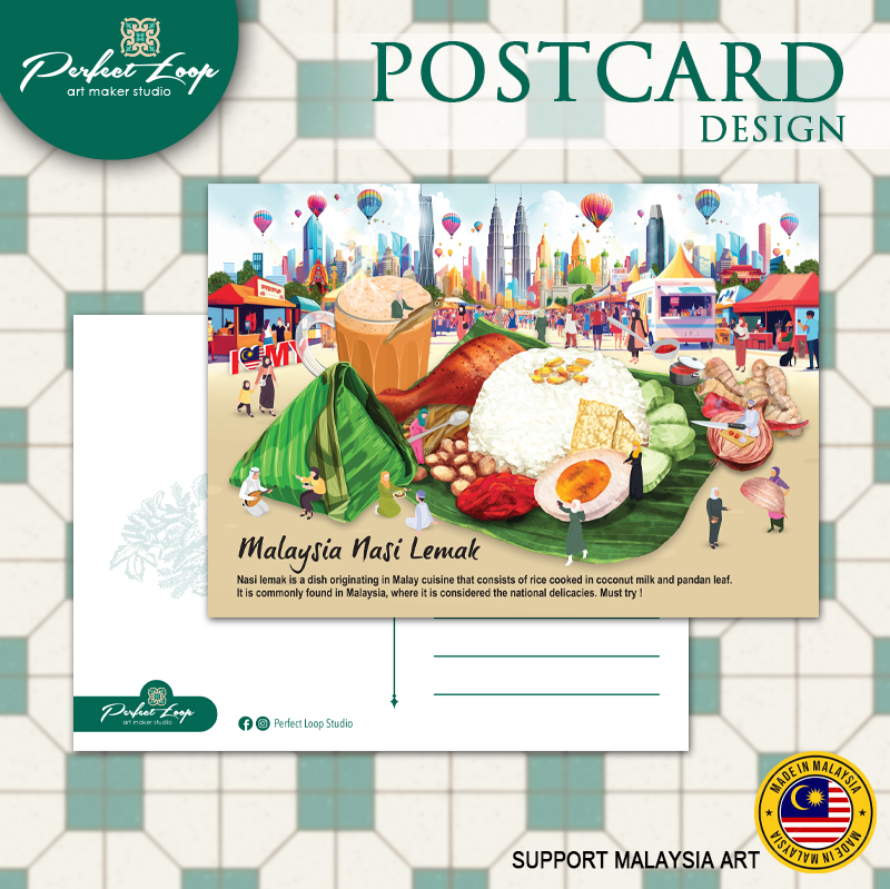Postcard Design Malaysia Market w Nasi Lemak miniature concept (Poskad ...