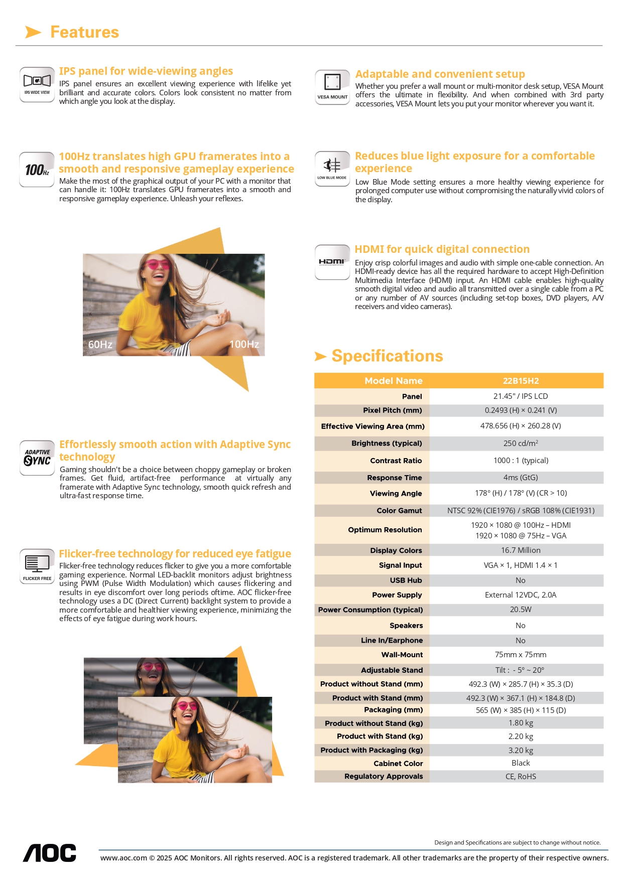 AOC 22B15H2 21.5" FHD MONITOR ( 21.5" FHD / 4MS / 120HZ / ADAPTIVE SYNC ...