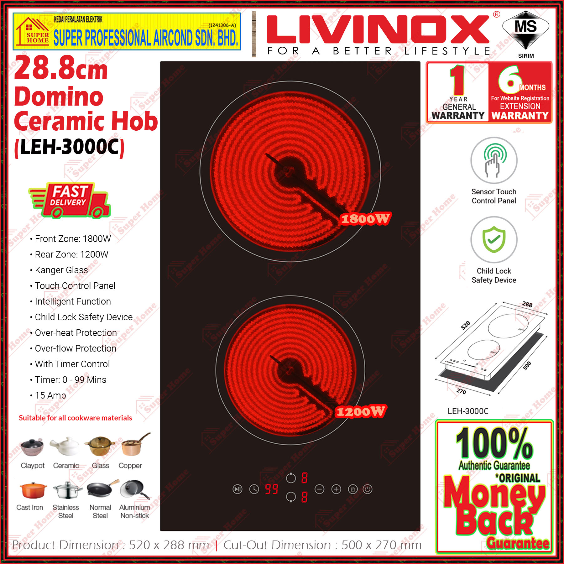 Livinox Domino Ceramic Hob LEH-3000C Built-in Electric Hob Safety ...