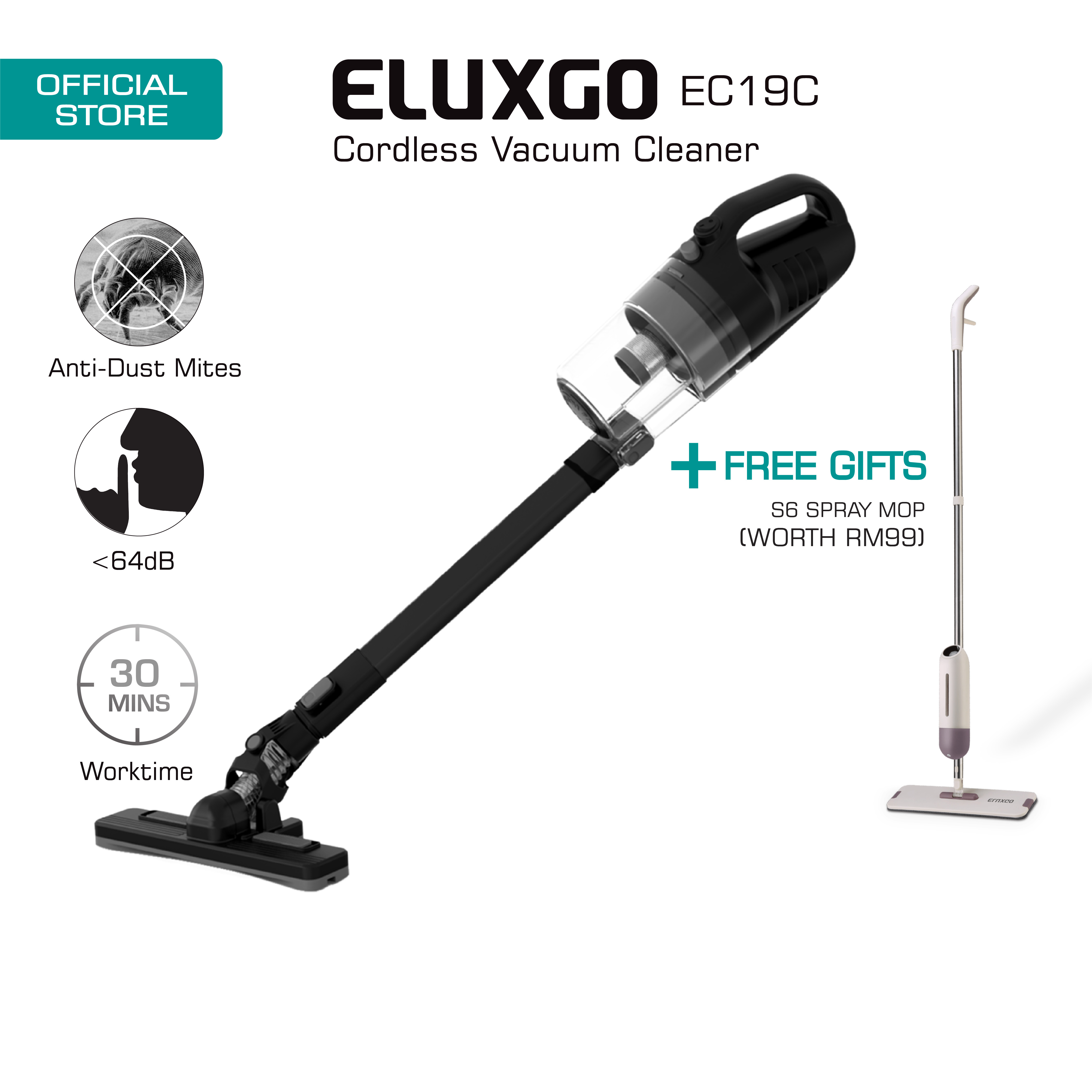 ELUXGO EC19C Lightweight Cordless Vacuum Cleaner Tanpa Wayar｜Dual Power ...