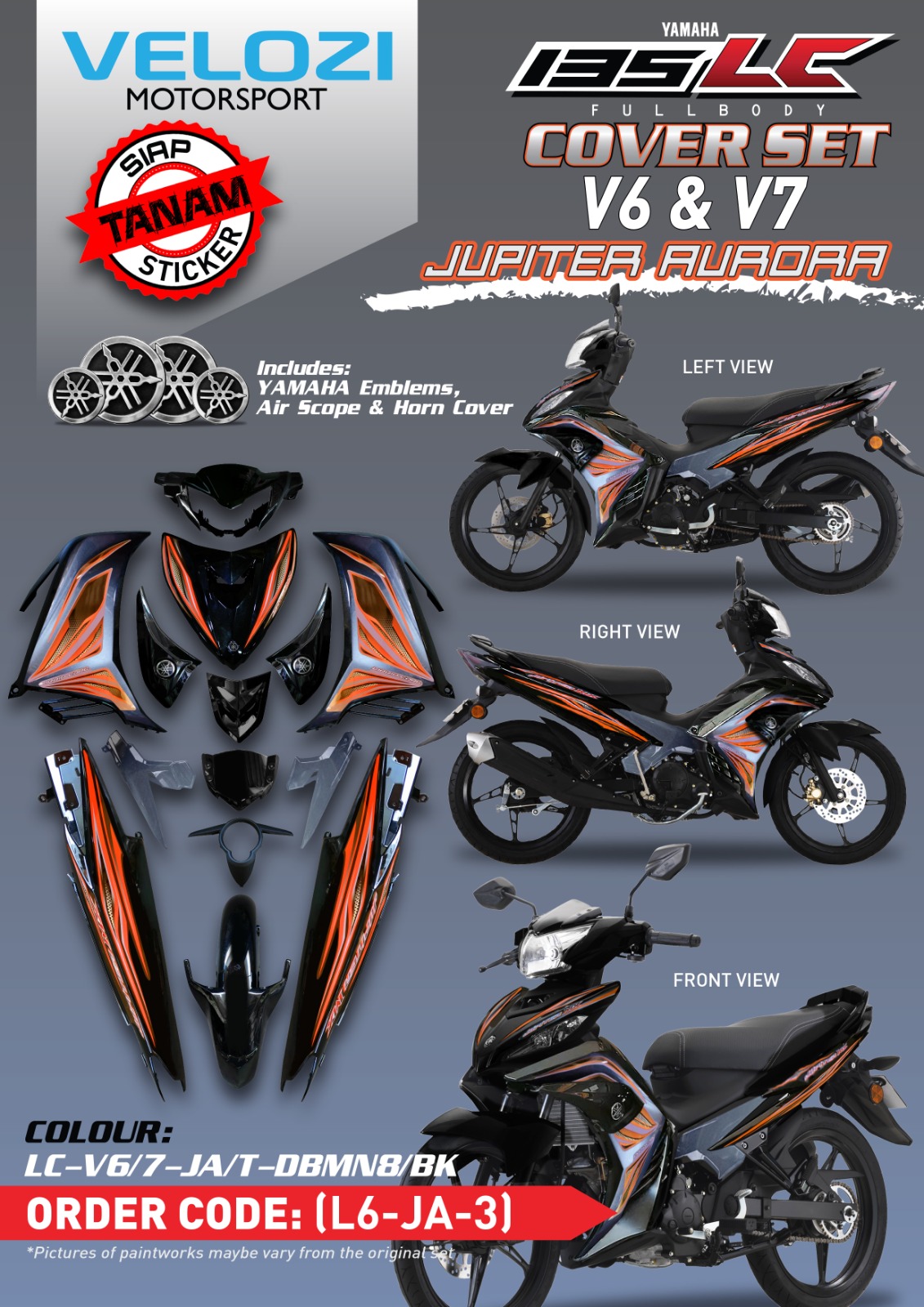 COVERSET YAMAHA LC LC135 V2 V6 V7 JUPITER AURORA DBMN8 BLACK HITAM L2 ...