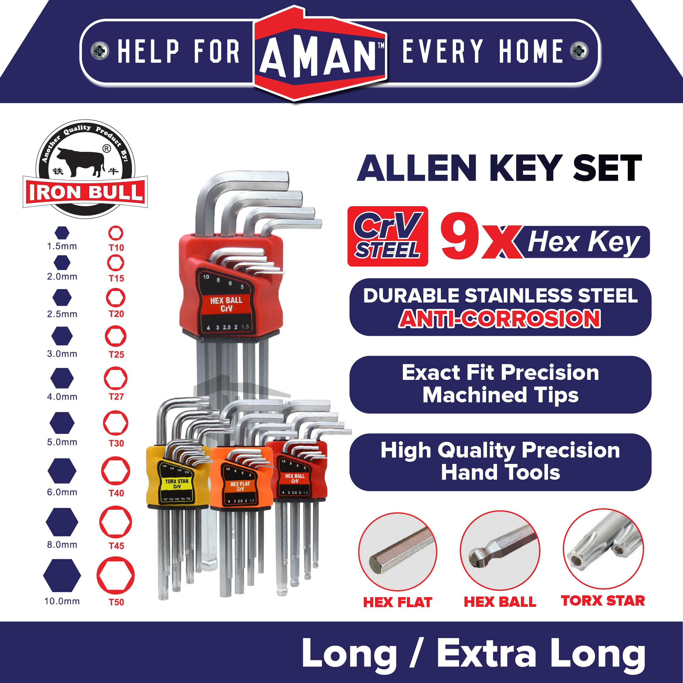IRON BULL 9pcs CrV Allen Key Set Hex Key Hex Flat Hex Ball Torx Star ...