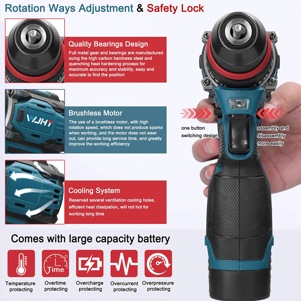 2-in-1 18V Brushless Electric Drill Rechargeable Cordless Screwdriver ...