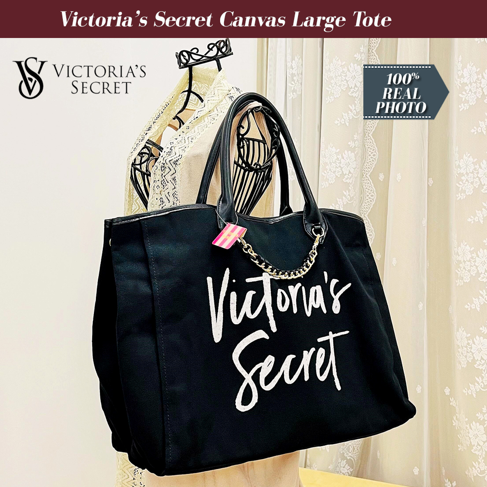 Victoria's Secret Canvas Large Black Large Tote Shopping Bag Shopper ...