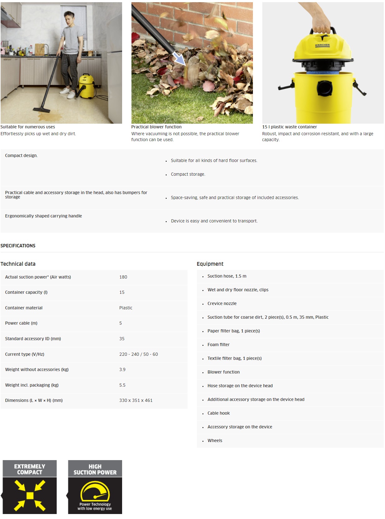 Karcher WD1 Classic Wet & Dry Vacuum Cleaner 15L 1200W - With Blower ...