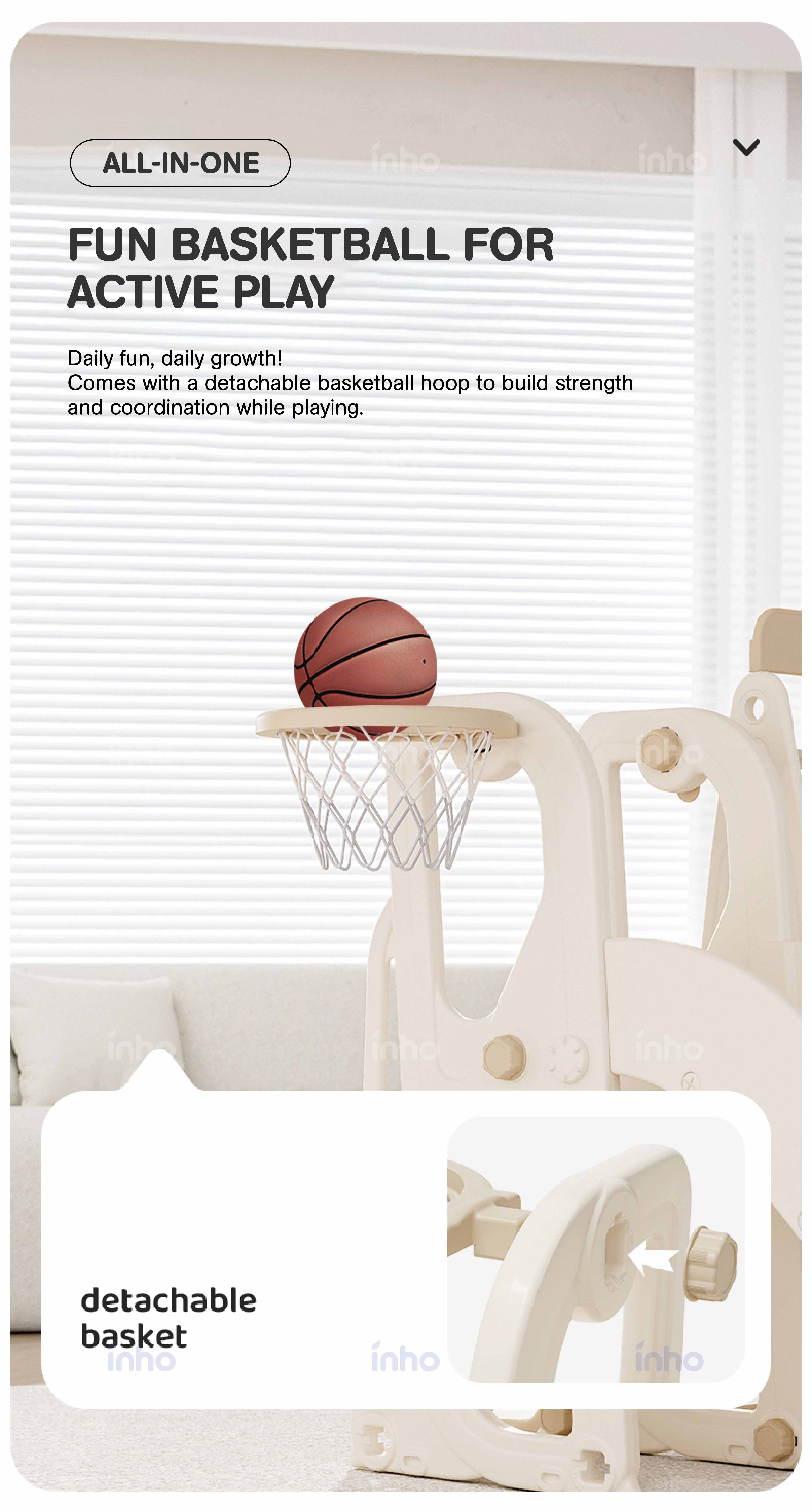 INHO 3 In 1 Happy Kids Slide And Swing Set With Basketball Hoop Indoor ...