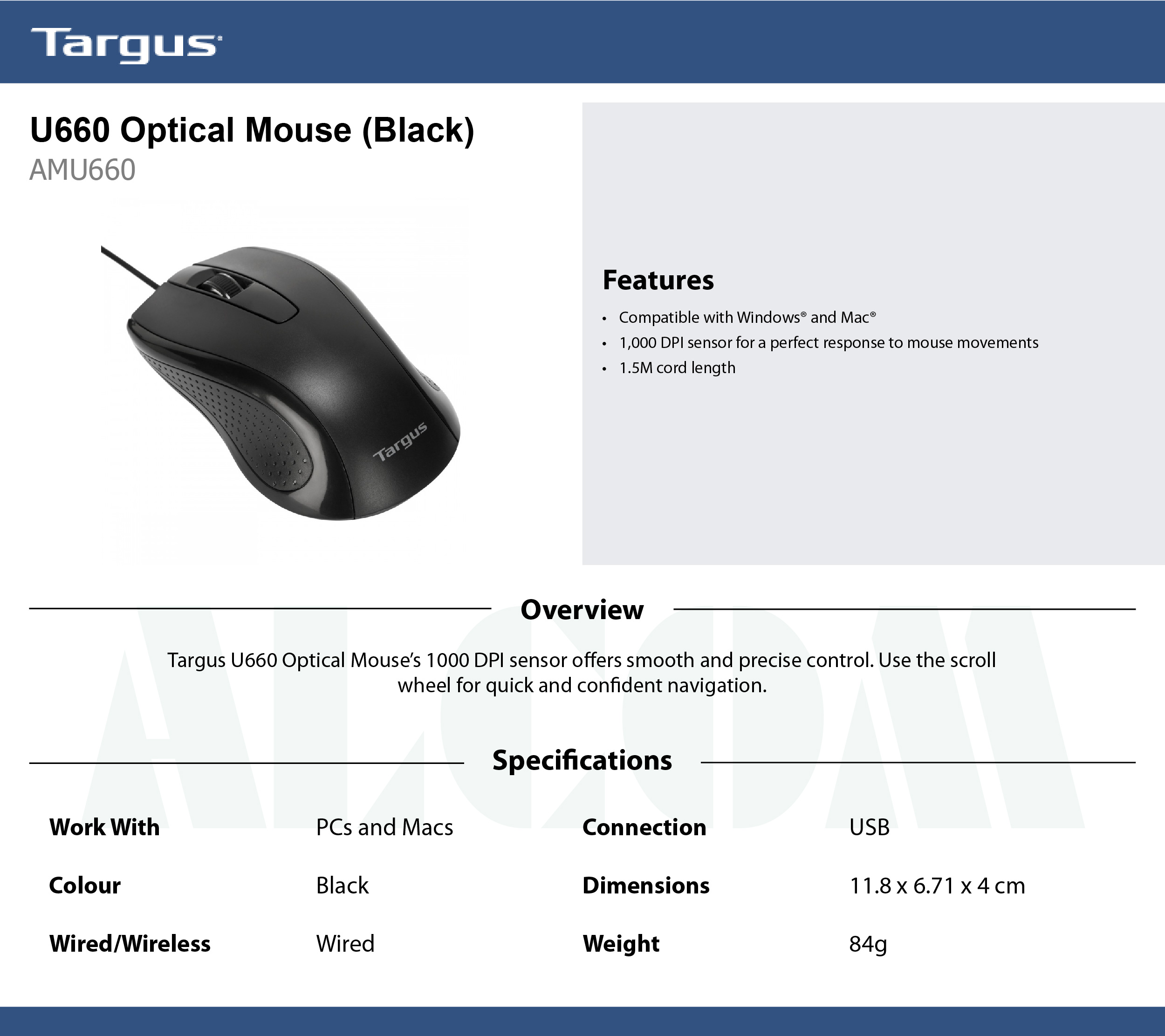 [New Stock] TARGUS AMU660 Wired USB Mouse with 1000 DPI, Precise ...