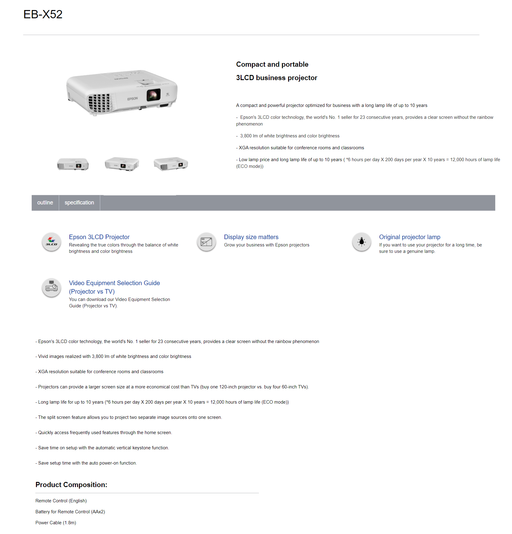 EPSON EB-X52 X52 / EB-X51 X51 PROJECTOR 3800 LUMENS 3LCD XGA (1024x768 ...