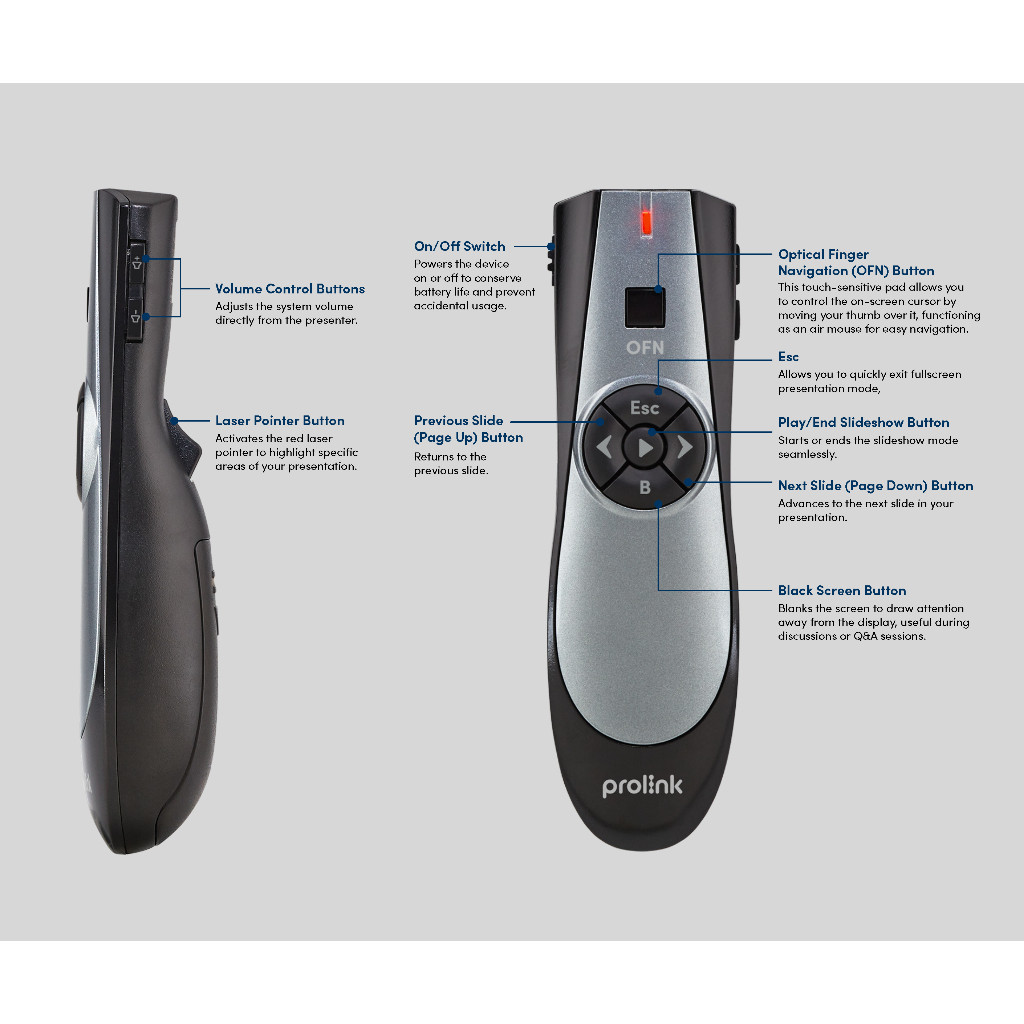 Prolink Wireless Presenter Red Laser Pointer/ PPT Click with Air Mouse ...