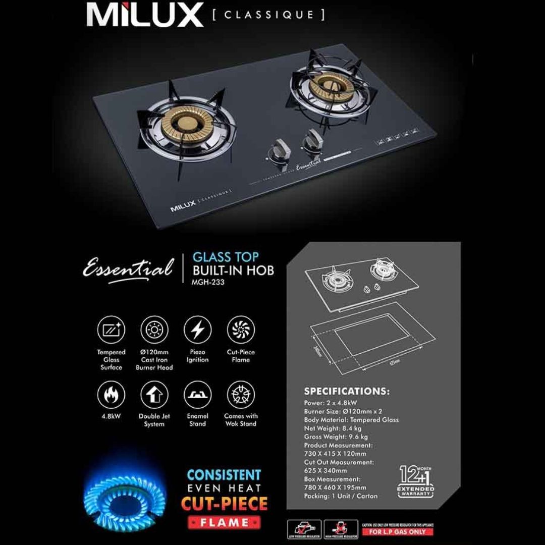 Milux Stainless Steel Slim Hood MHS-S430 + Milux Built-in Two Burners ...