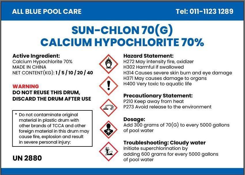 Chlorine Klorin 5KG SUN-CHLON 70% Granules / Calcium Hypochlorite 70% ...