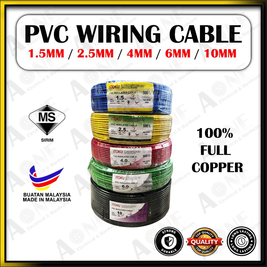 100% COPPER SIRIM PVC Insulated Cable 1.5mm 2.5mm 4mm 6mm 10mm Electric ...