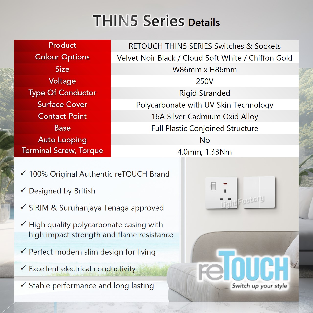 [SIRIM]Retouch THIN 5 Wall Switches &Socket 5mm Ultra Thin Soft Touch 1 ...