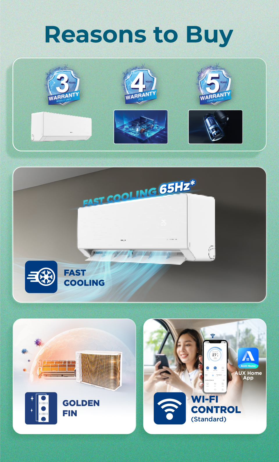 AUX A-Series Inverter R32 Golden Fin Auto Clean 4 Star Energy Saving ...