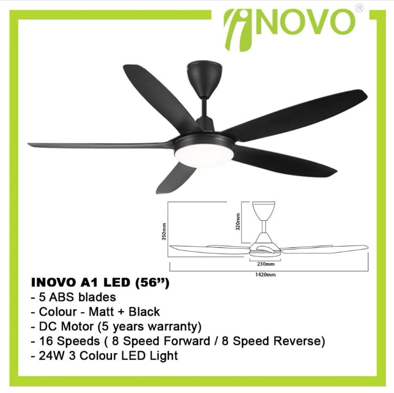 INOVO A1 LED 56” 5 Blade 16 Speed DC motor Ceiling Fan With Light RF ...