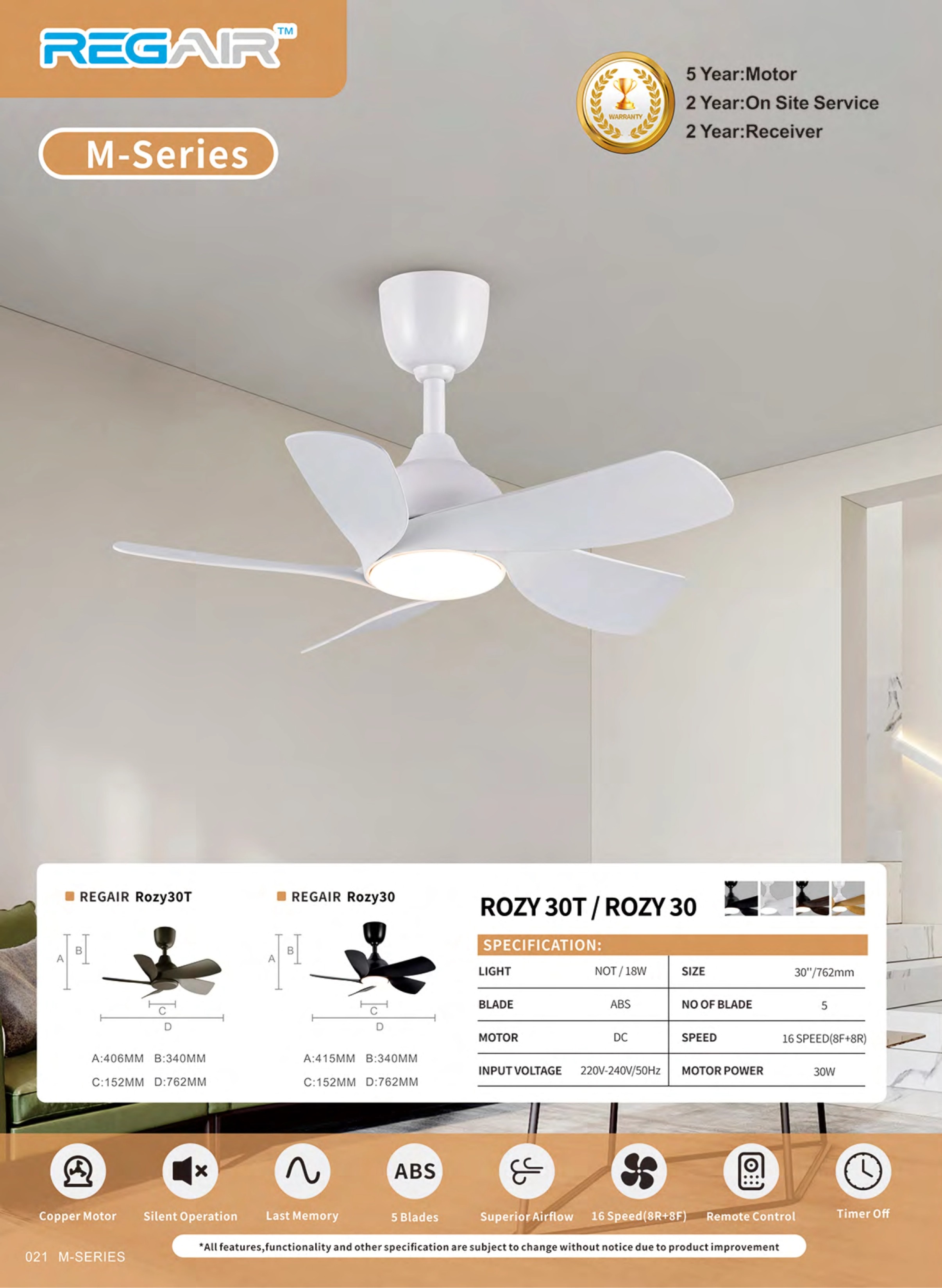 REGAIR ROZY 30 DC Silent Ceiling Fan with Light 16Speed Remote Control ...