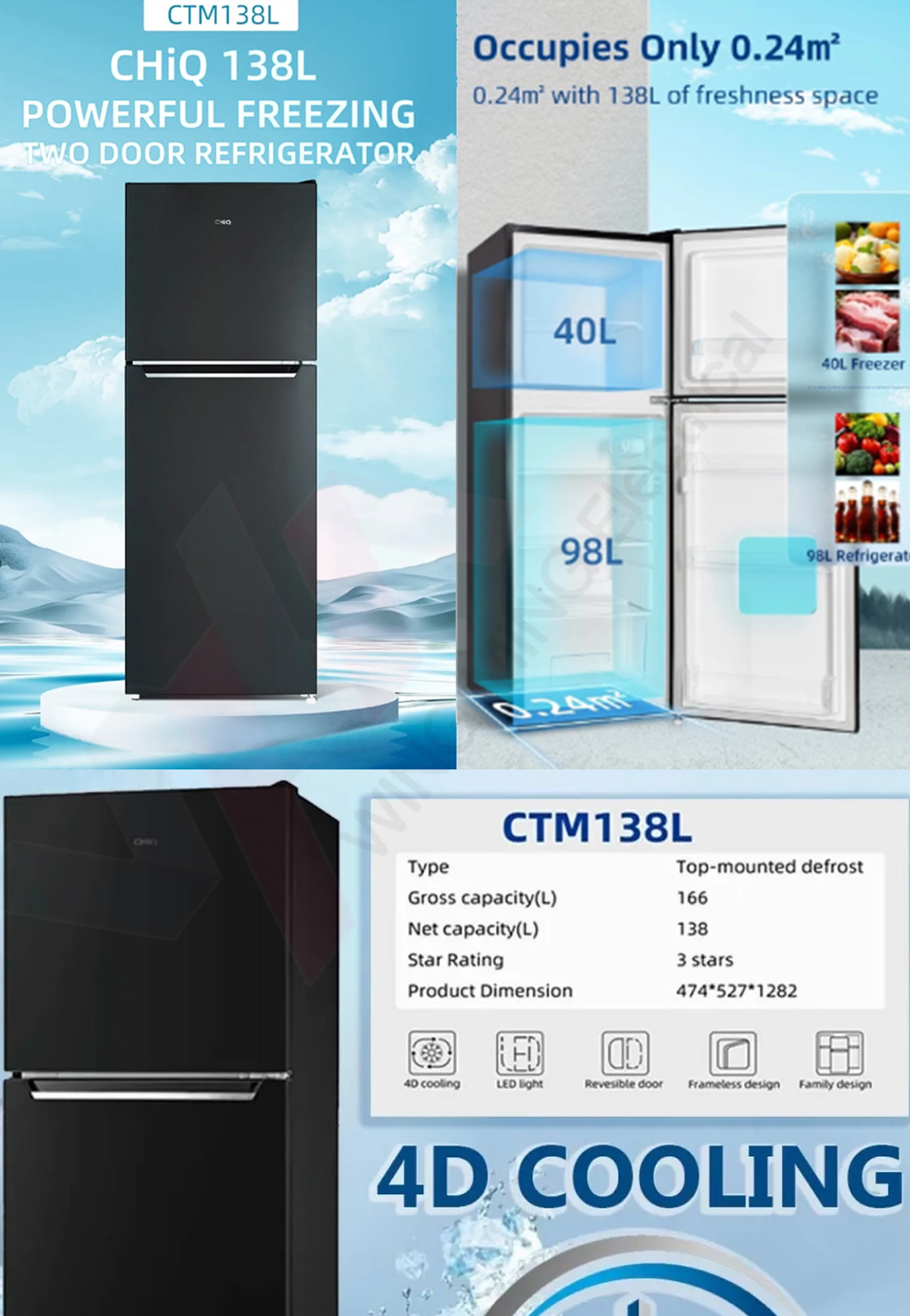 CHiQ 166L Refrigerator 2 Door/Peti Ais 2 Pintu CTM138L + 7KG Top ...