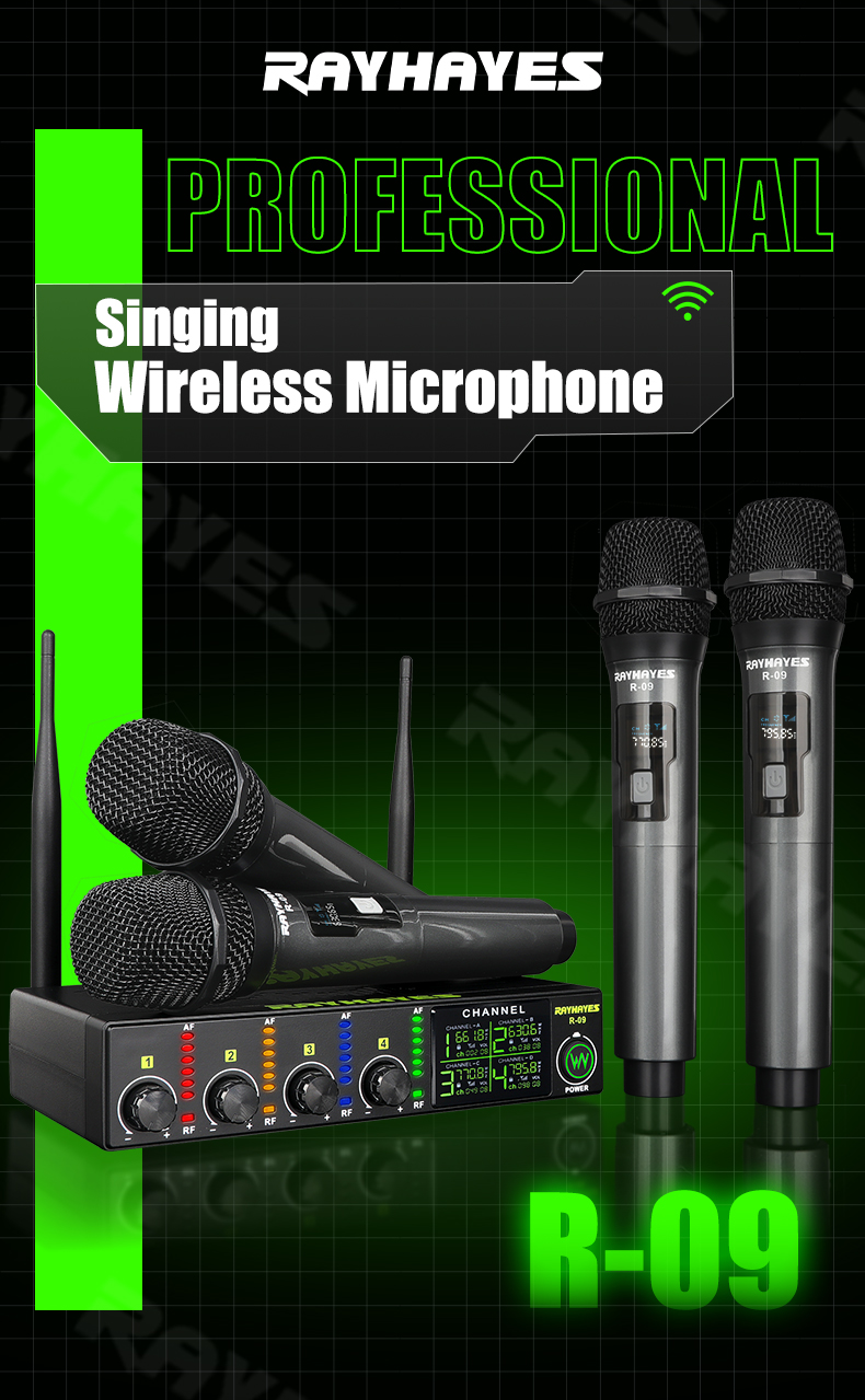 RAYHAYES R-09 Wireless Microphone Karaoke 4 Channel UHF Rechargeable ...