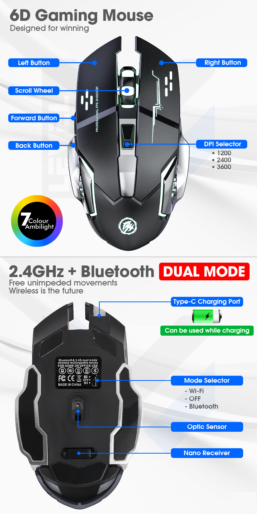 Mouse wireless wired mouse gaming DUAL MODE 7 buttons Rechargeable Wi ...